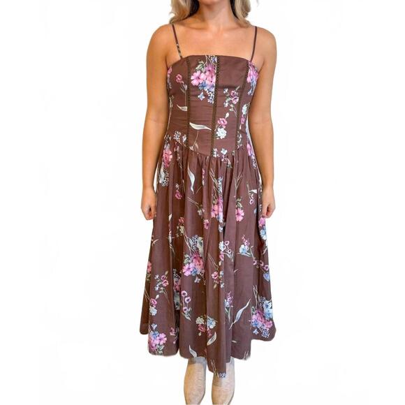 Mable | Dresses | New Mable Floral Print Corset Midi Dress In Brown ...